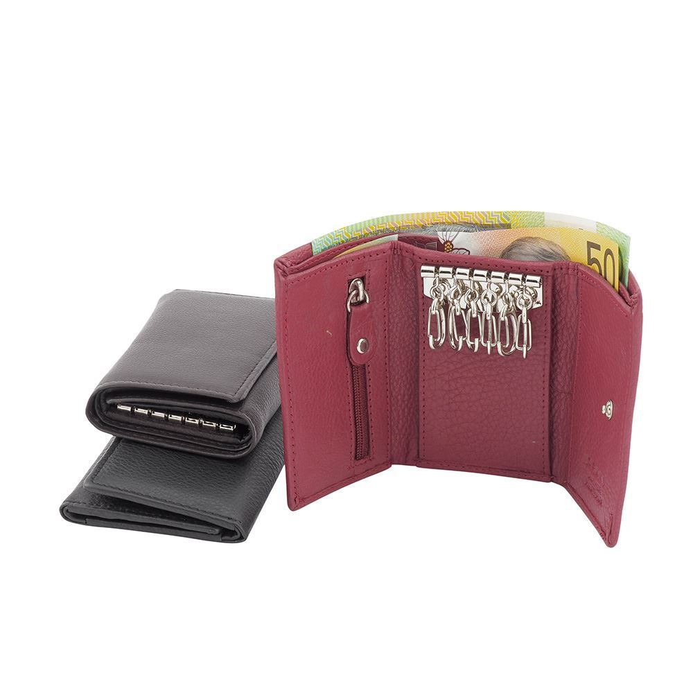 Men's Womens Genuine Full Grain Leather Key Wallet Ring Black Red Brown